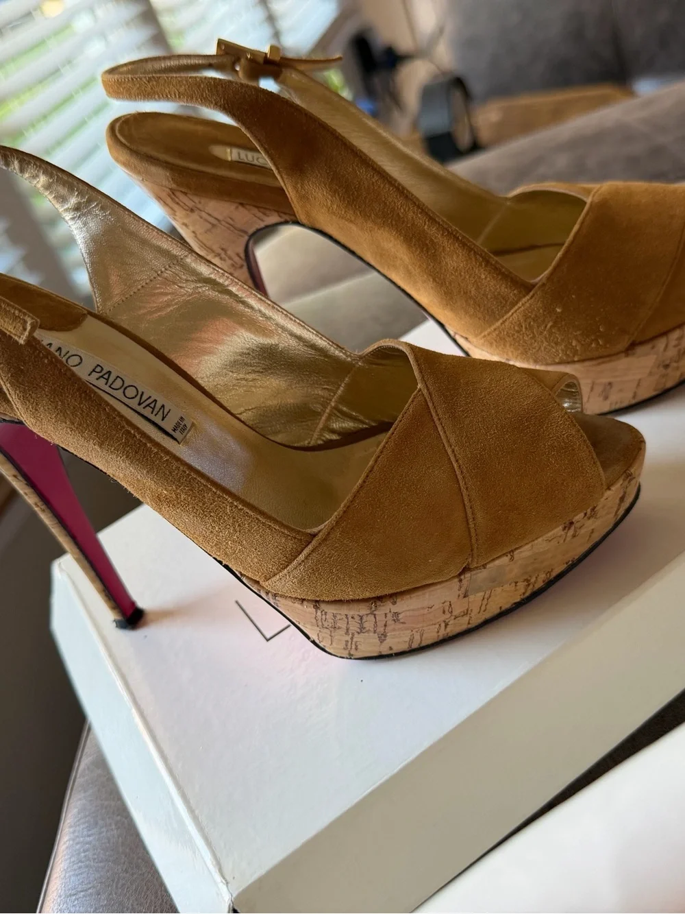 Luciano Padovan | Shoes | Tan Suede Cork Platform Slingback Heels ...